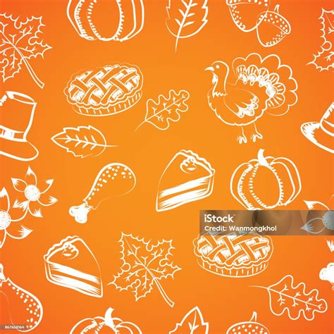 손 그리기와 낙서 스타일 벡터 및 추수 감사절 아이디어 호박 파이 케이크 터키 모자 단풍 잎 및 주황색 배경에 백색 색깔에서 도토리의 일러스트와 함께 완벽 한 패턴 가을에