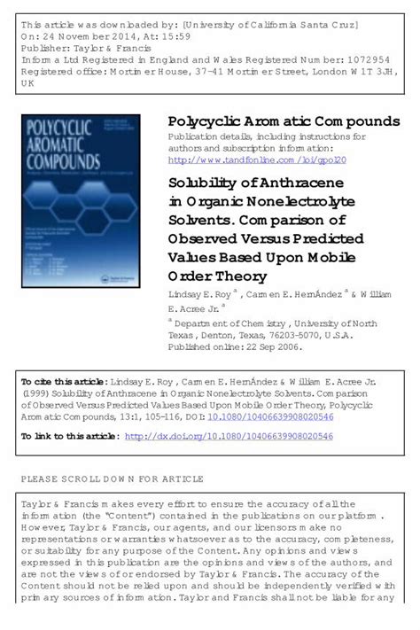 Pdf Solubility Of Anthracene In Organic Nonelectrolyte Solvents Comparison Of Observed Versus