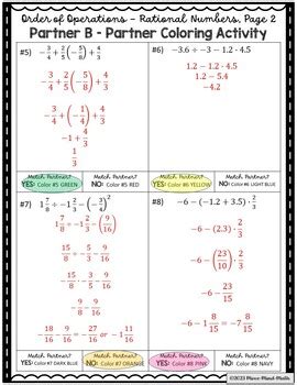 Order Of Operations With RATIONAL NUMBERS Worksheet Fun Partner Color Activity
