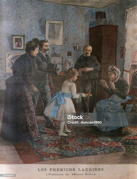 첫 번째 월계관 할머니에게 선물을 제공하는 어린 소녀 프랑스어 1890 년대 빈티지 일러스트 19 세기 앙리 케인 이후 19세기에 대한 스톡 벡터 아트 및 기타 이미지