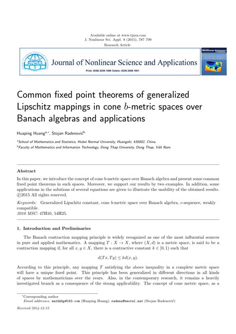 Pdf Common Fixed Point Theorems Of Generalized Lipschitz Mappings In