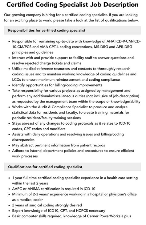 Certified Coding Specialist Job Description Velvet Jobs