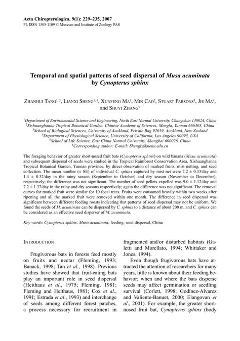 Pdf Temporal And Spatial Patterns Of Seed Dispersal Of Musa Acuminata By Cynopterus Sphinx