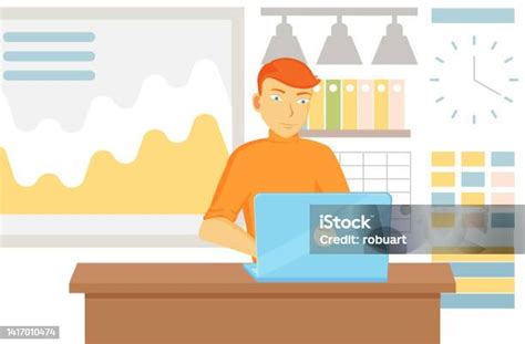 사무실에서 일하는 남성 캐릭터 직원이 키보드에 컴퓨터 타이핑을 한 채 테이블에 앉아 있습니다 Brand Name Online