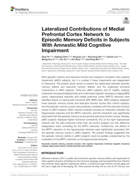 Pdf Lateralized Contributions Of Medial Prefrontal Cortex Network To Episodic Memory Deficits