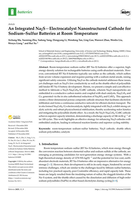 Pdf An Integrated Na2s−electrocatalyst Nanostructured Cathode For