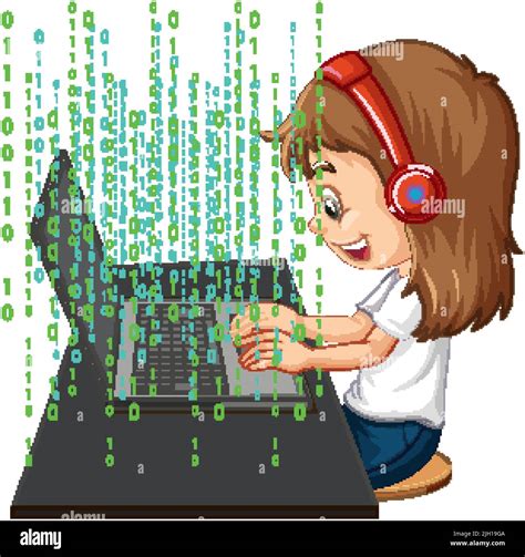 A Girl Using Laptop With Binary Code Illustration Stock Vector Image Art Alamy