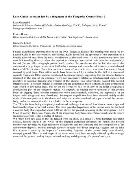 Lake Cheko A Crater Left By A Fragment Of The Tunguska