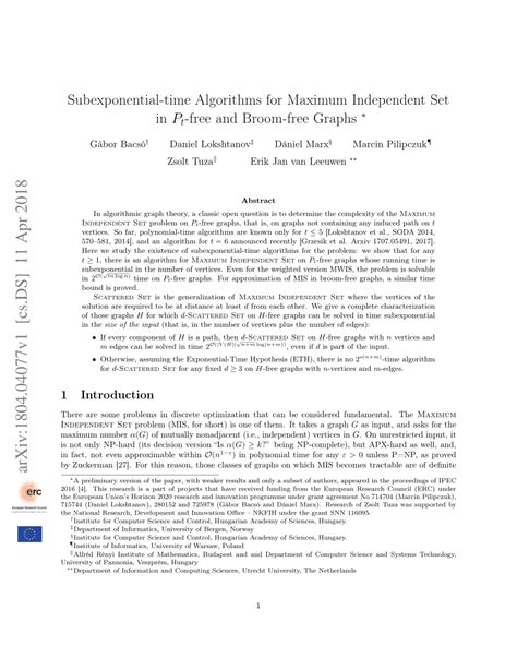 PDF Subexponential Time Algorithms For Maximum Independent Set In P T Free And Broom Free