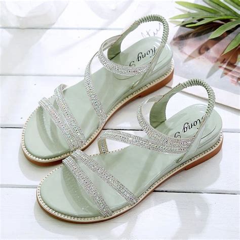 New Summer Women Elegant Sandals Heels Slip On Shoes Crystal Sequins