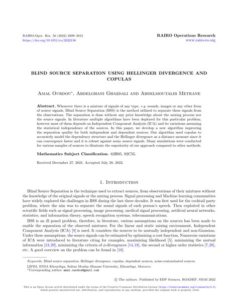Pdf Blind Source Separation Using Hellinger Divergence And Copula
