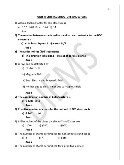 Unit 4 Mcq Pdf Crystal Structure Electromagnetic Spectrum