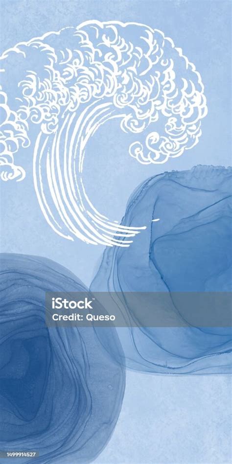 현대 일본식 그림 세로 템플릿입니다 종이와 같은 질감의 밝은 파란색 배경에 흰색 물결 패턴입니다 바다와 물 개념 0명에 대한 스톡 벡터 아트 및 기타 이미지 Istock