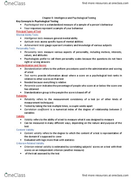 Psyc 1020h Textbook Notes Fall 2018 Chapter 9 Content Validity Psychological Testing