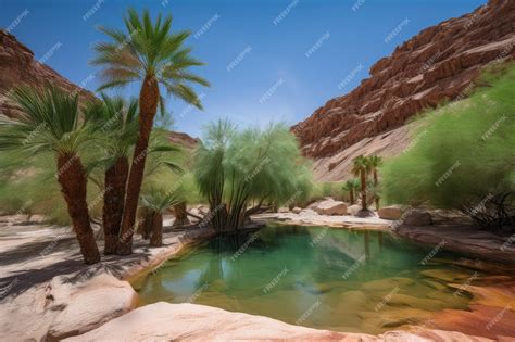 Premium Photo Desert Oasis With Water Pool And Palm Trees Surrounded