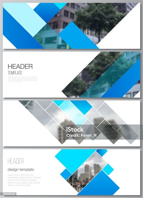 헤더 배너 디자인 템플릿의 편집 가능한 레이아웃의 최소 벡터 그림 사각형과 추상 기하학적 패턴 창조적 인 현대 파란색 배경 헤더 디자인 요소에 대한 스톡 벡터 아트 및 기타