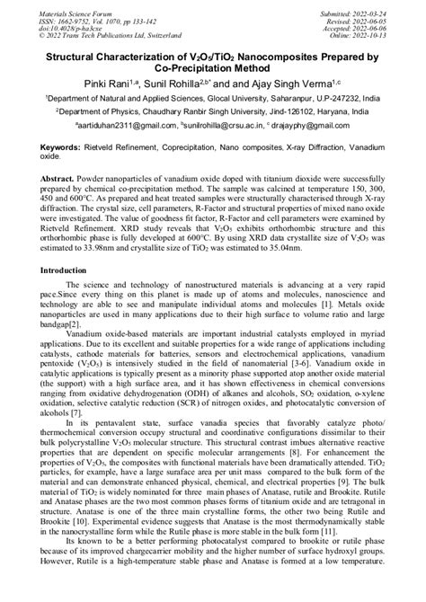Structural Characterization Of V2o5 Tio2 Nanocomposites Prepared By Co Precipitation Method