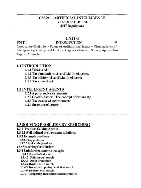 Unit I Cs8691 Artificial Intelligence Pdf Artificial Intelligence Intelligence Ai