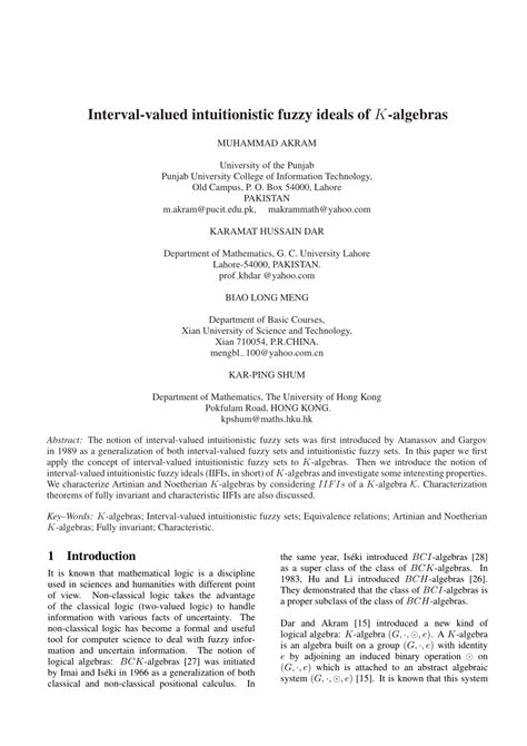 pdf interval valued intuitionistic fuzzy ideals of k algebras