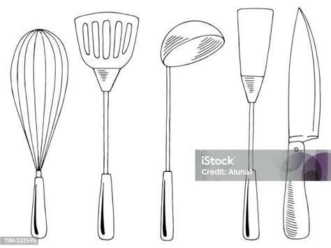 주방 용품 세트 그래픽 검정 색 흰색 고립 된 스케치 일러스트 벡터 색칠하기에 대한 스톡 벡터 아트 및 기타 이미지 색칠하기 국자 개체 그룹 Istock