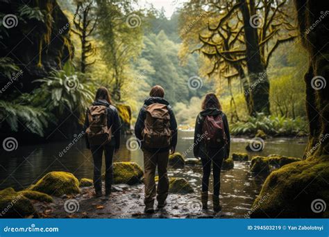 A Group Of Friends Exploring A Hidden Gem Of A Waterfall In A Secluded Forest Stock Illustration