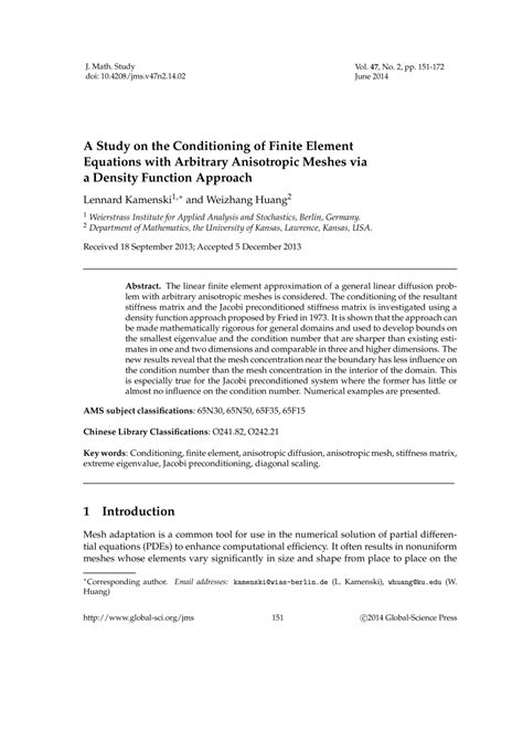 Global Science Press A Study On The Conditioning Of Finite Element