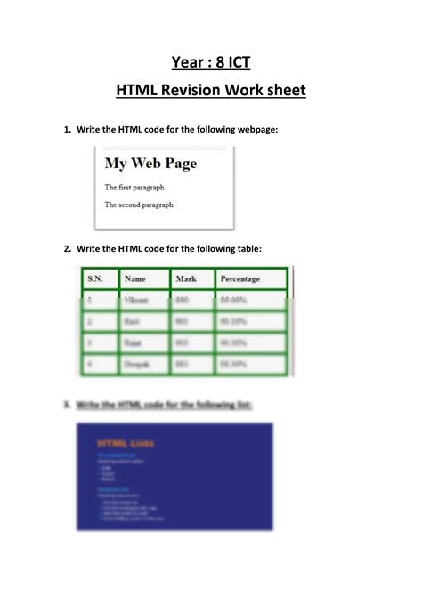 Solution Html Revision Worksheet For Class 8 Html Worksheet For Class