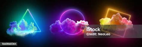 3d 렌더링 네온 기하학적 모양과 화려한 구름의 집합입니다 추상적인 배경입니다 판타지 디자인 요소 곡선에 대한 스톡 사진 및 기타 이미지 Istock
