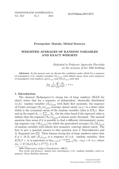 Pdf Weighted Averages Of Random Variables And Exact Weights