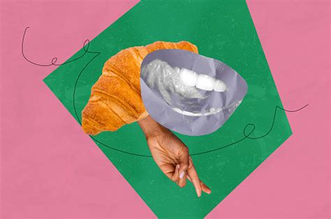 크리에이 티브 스케치 콜라주 입 보여주다 혀 핥기 손을 교차 손가락 기도하다 크로와상 퍼프 롤빵 빵집 영양물 섭취 프랑스 국민 디저트 건강에 좋지 않은 음식에 대한 스톡