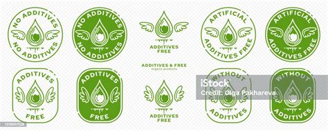 제품 포장을 위한 개념 라벨링 첨가제 없음 날개와 액체 라인으로 떨어뜨리는 것은 성분으로부터 자유의 상징입니다 벡터 요소입니다 0에 대한 스톡 벡터 아트 및 기타 이미지