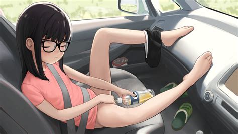 kuroshiro00 highres 1girl barefoot black hair car interior closed