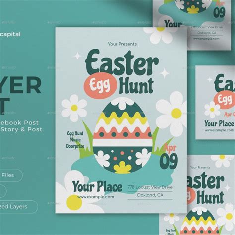 Blue Flat Design Easter Egg Hunt Flyer Set