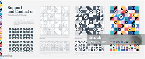 지원 문의 모듈 기하학적 디자인 얇은 선 검은 색 흰색 및 색상 스타일 패턴 테크 그래픽 요소 세트 채팅 서비스 전화 통화 아이콘 바우하우스에 대한 스톡 벡터 아트 및 기타