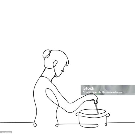 여자는 손에 국자를 들고 서서 냄비에 요리 접시를 휘젓는다 집에서 요리하는 개념 여성 요리사 개념에 대한 스톡 벡터 아트 및 기타 이미지 Istock