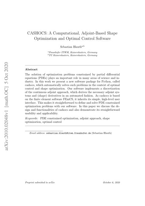 Pdf Cashocs A Computational Adjoint Based Shape Optimization And Optimal Control Software