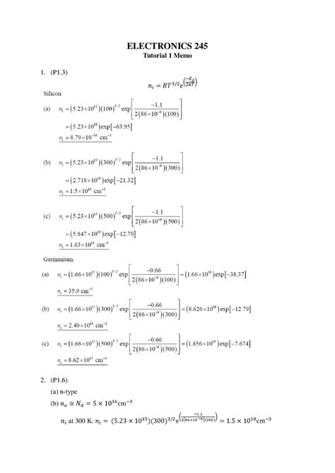 Tutorial 1 Memo Semiconductors Introduction Electronics 245 Tutorial 1 Memo P1 𝑛𝑖 𝐵𝑇32e