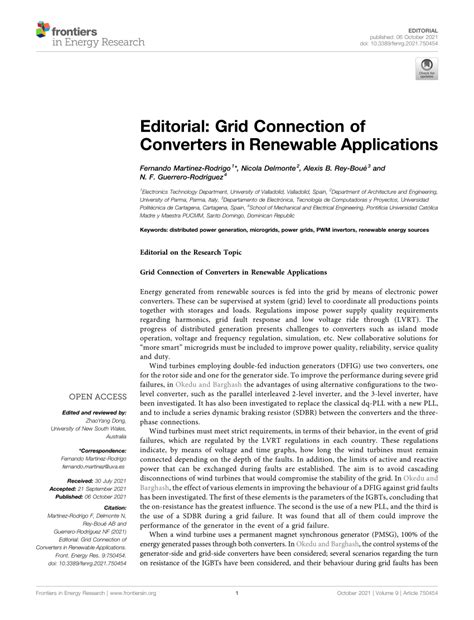Pdf Editorial Grid Connection Of Converters In Renewable Applications