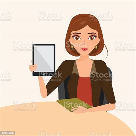 터치 패드 태블릿을 사용하여 아름다운 갈색 머리 비즈니스 여성 갈색 머리에 대한 스톡 벡터 아트 및 기타 이미지 갈색 머리