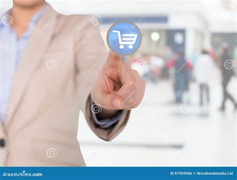 Businesswoman Touching Interface Screen With Shopping Cart Icon Stock