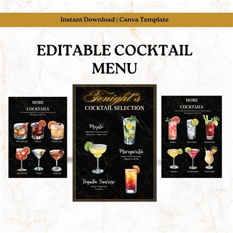 Editable Cocktail Menu Template With 20 Classic Drink Images Black