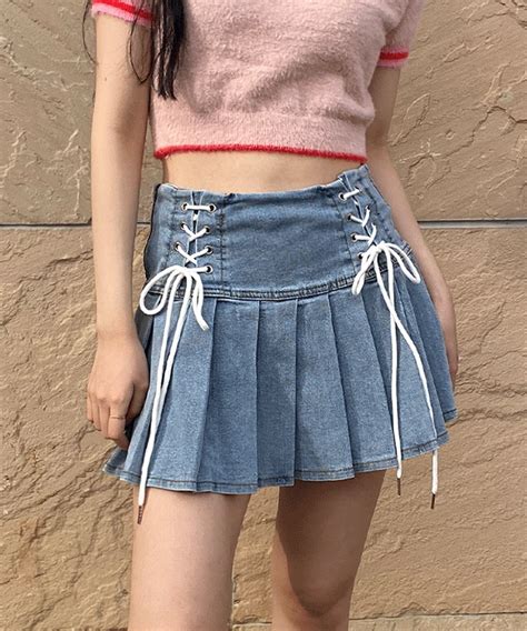 하이틴 키치 코르셋 리본 미니 청 데님 플리츠 스커트 에이블리