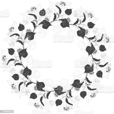흰색 배경에 린든 분기와 둥근 프레임입니다 텍스트 공간이 있는 플로럴 벡터 일러스트레이션입니다 초대장 인사말 카드 또는 디자인요소 흑백 0명에 대한 스톡 벡터 아트 및 기타