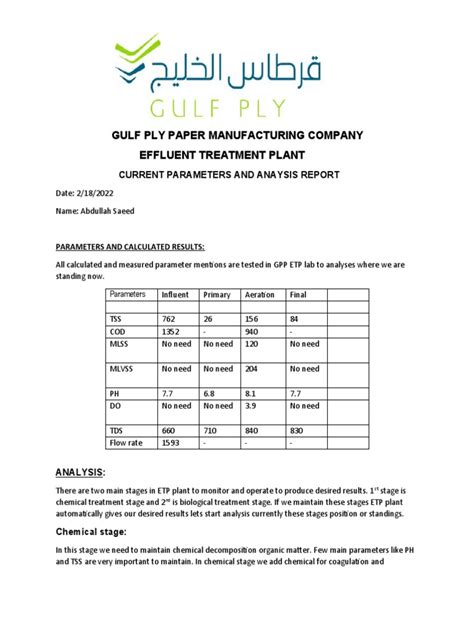 Etp Parameters Testing And Analysis Pdf Organic Matter Water