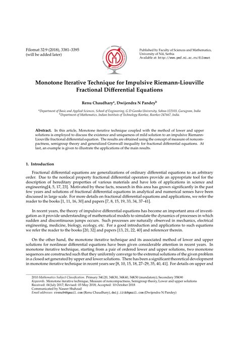 PDF Monotone Iterative Technique For Impulsive Riemann Liouville Fractional Differential Equations