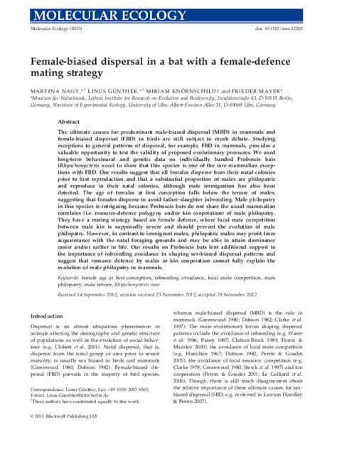 Pdf Female Biased Dispersal In A Bat With A Female Defence Mating