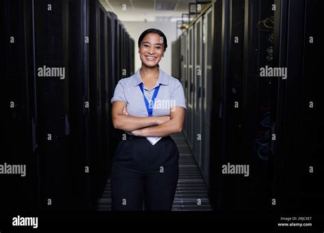 Data Center Portrait Or Happy Woman For Online Cybersecurity Glitch Machine Or Servers System