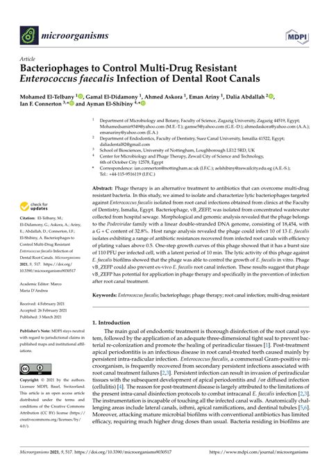 Pdf Bacteriophages To Control Multi Drug Resistant Enterococcus Faecalis Infection Of Dental