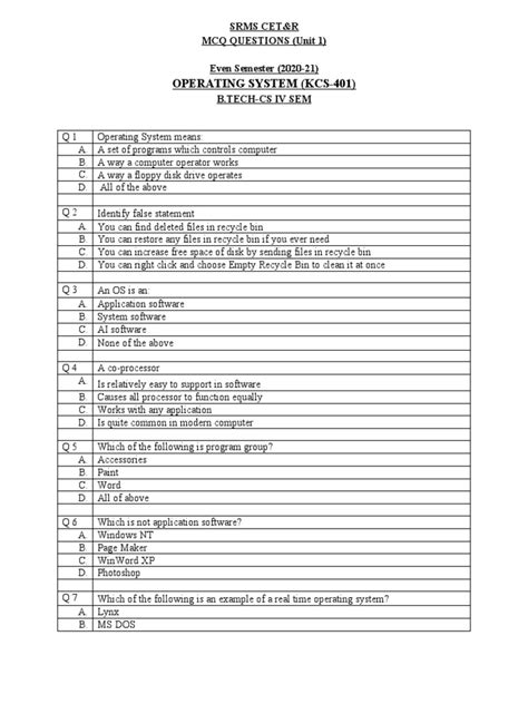 operating system kcs 401 srms cetandr mcq questions unit 1 even