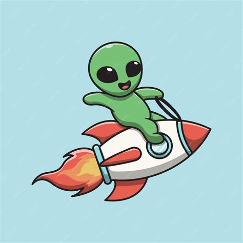 로켓 만화 일러스트 레이 션에 앉아 귀여운 외계인 프리미엄 벡터